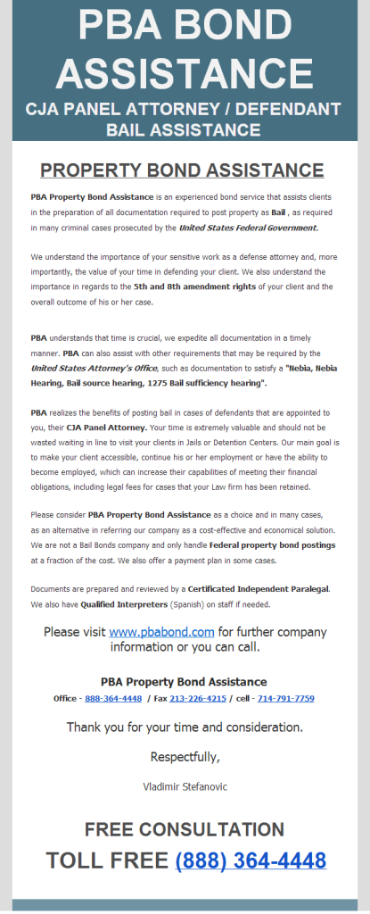 CJA Panel Attorney Defendant Bail Assist – PBA BOND & Professional Services